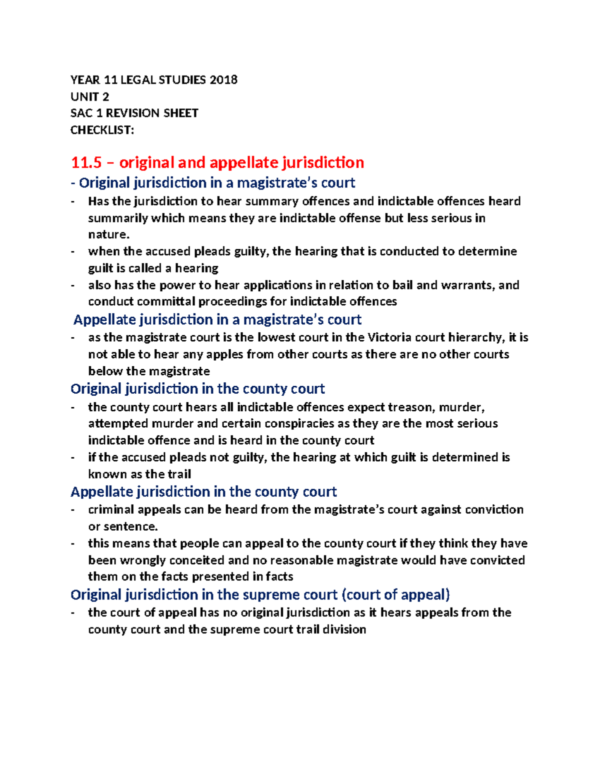 YEAR 11 LEGAL STUDIES 2018 UNIT 2 SAC 1 REVISION SHEET: COURT ...