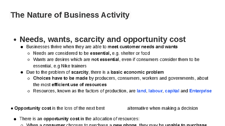 The Nature of Business Activity: Needs, Scarcity, and Opportunity Cost ...