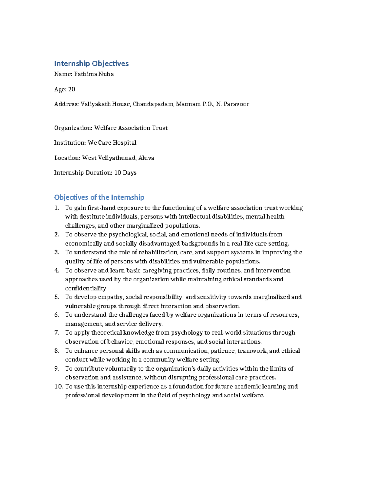 Internship Objectives for Psychology & Social Welfare - Fathima Nuha - Studocu