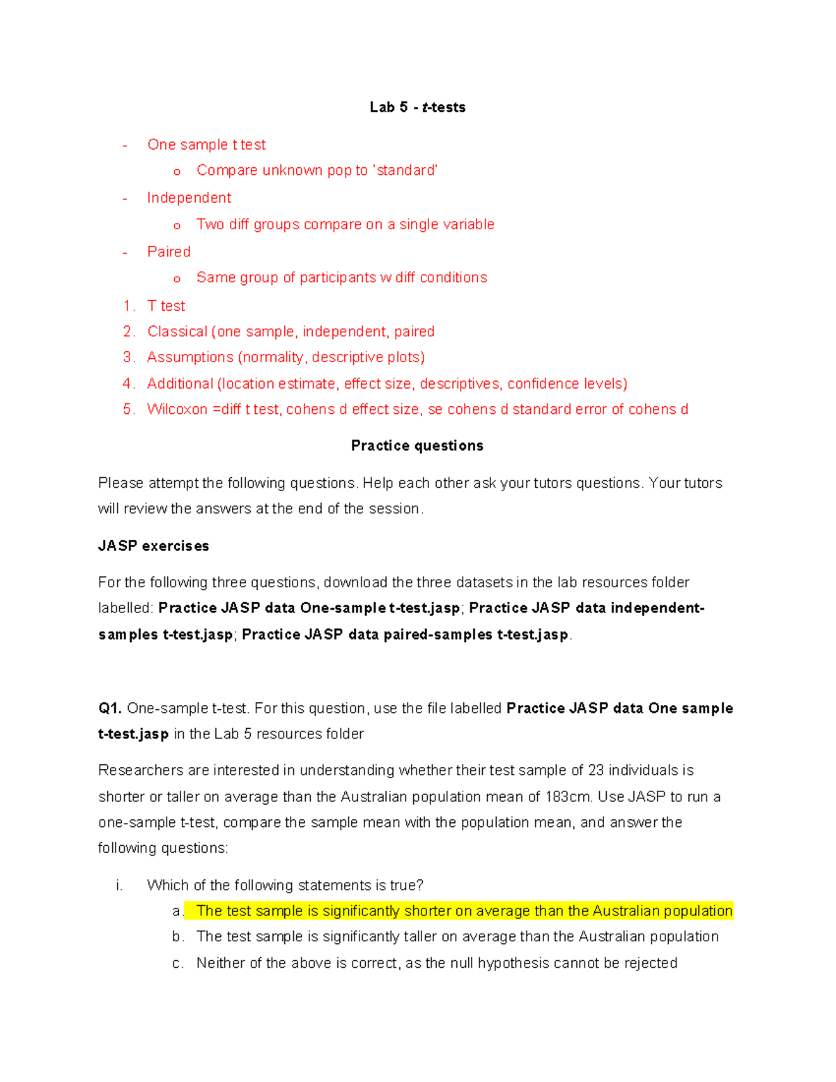 Lab 5: Practice Questions on T-Tests and Statistical Analysis - Studocu