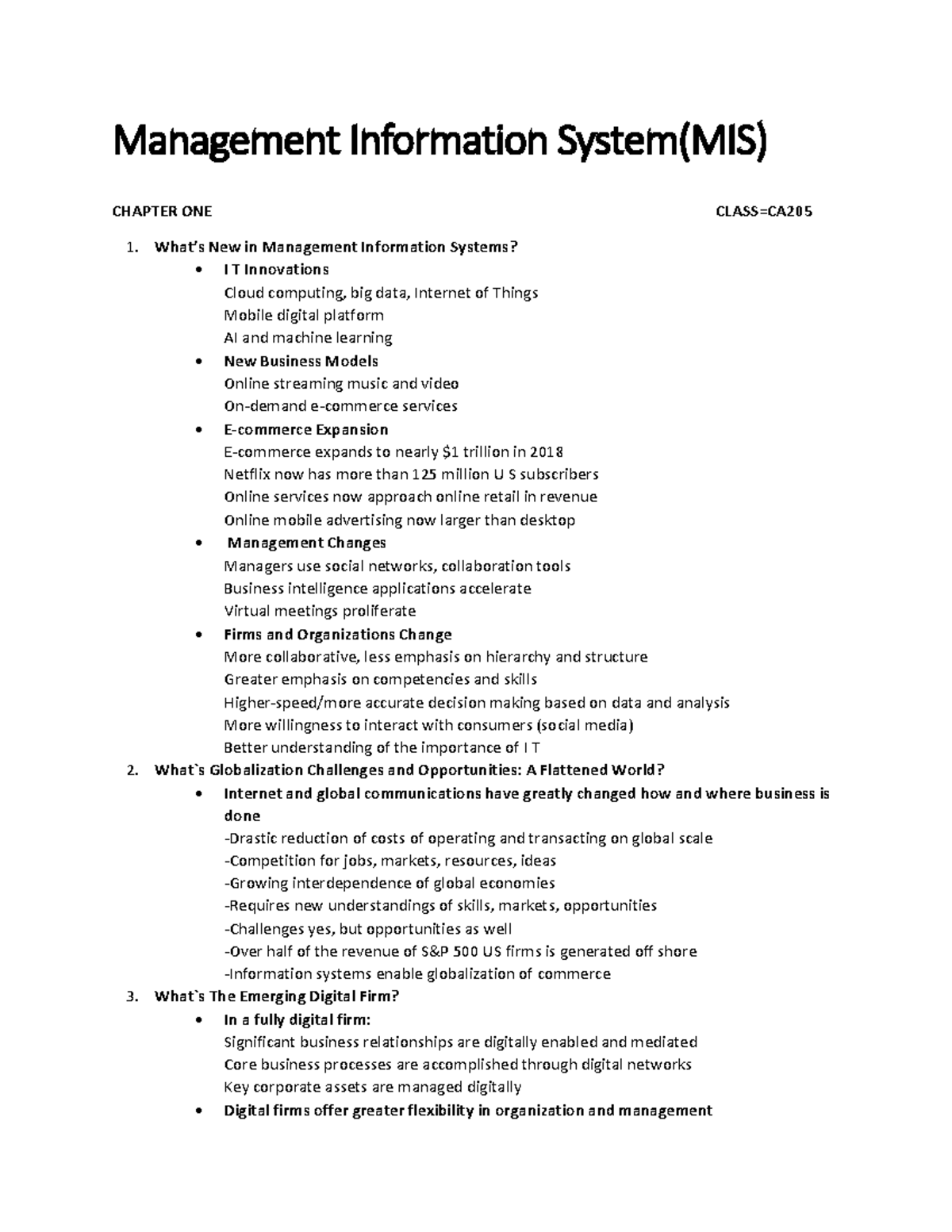 Questions AND Answers OF MIS ( Chapter ONE) - Management Information System(MIS) CHAPTER ONE ...
