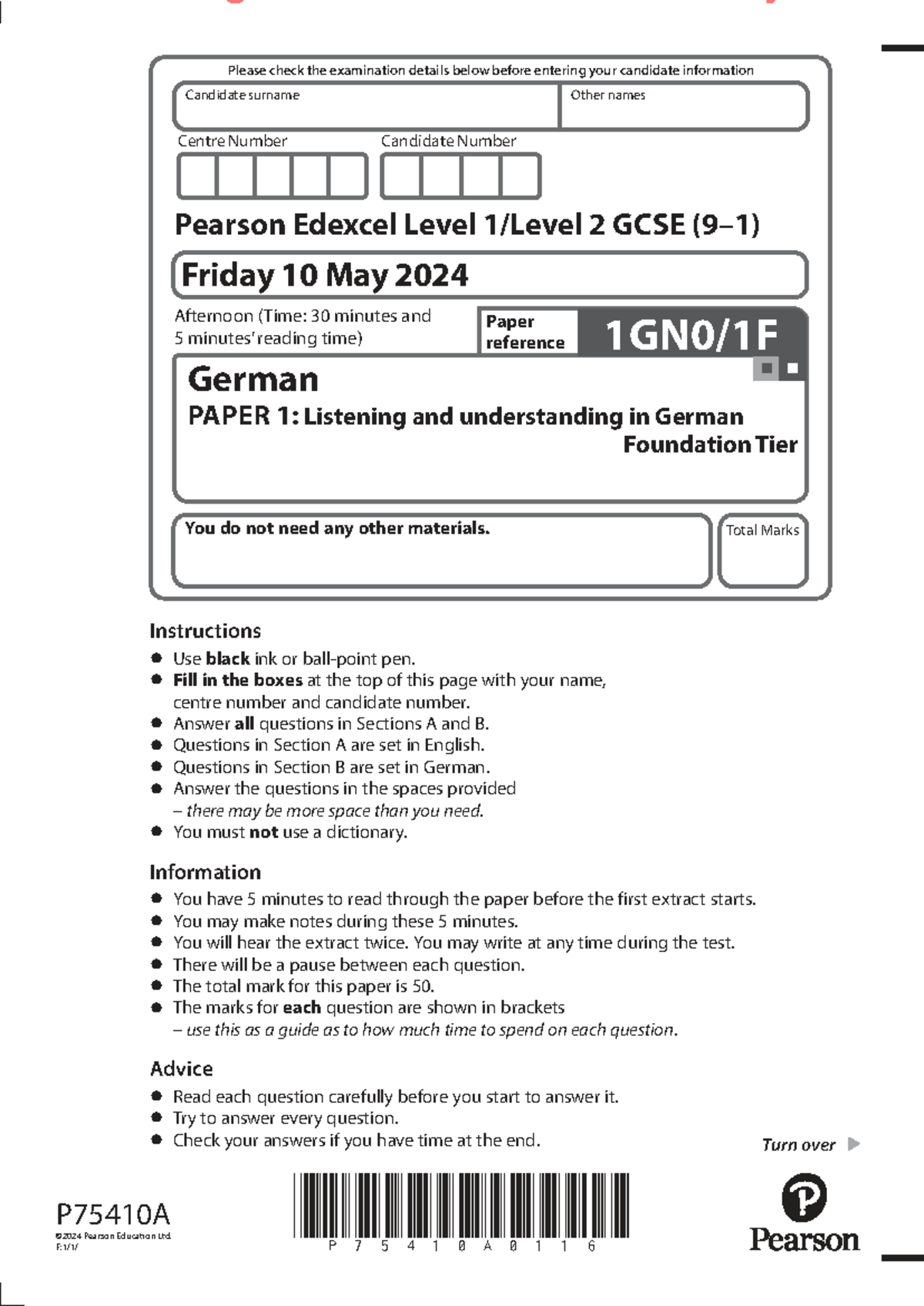 German GCSE Level 2 Listening Exam Paper 1 - May 2024 - Studocu