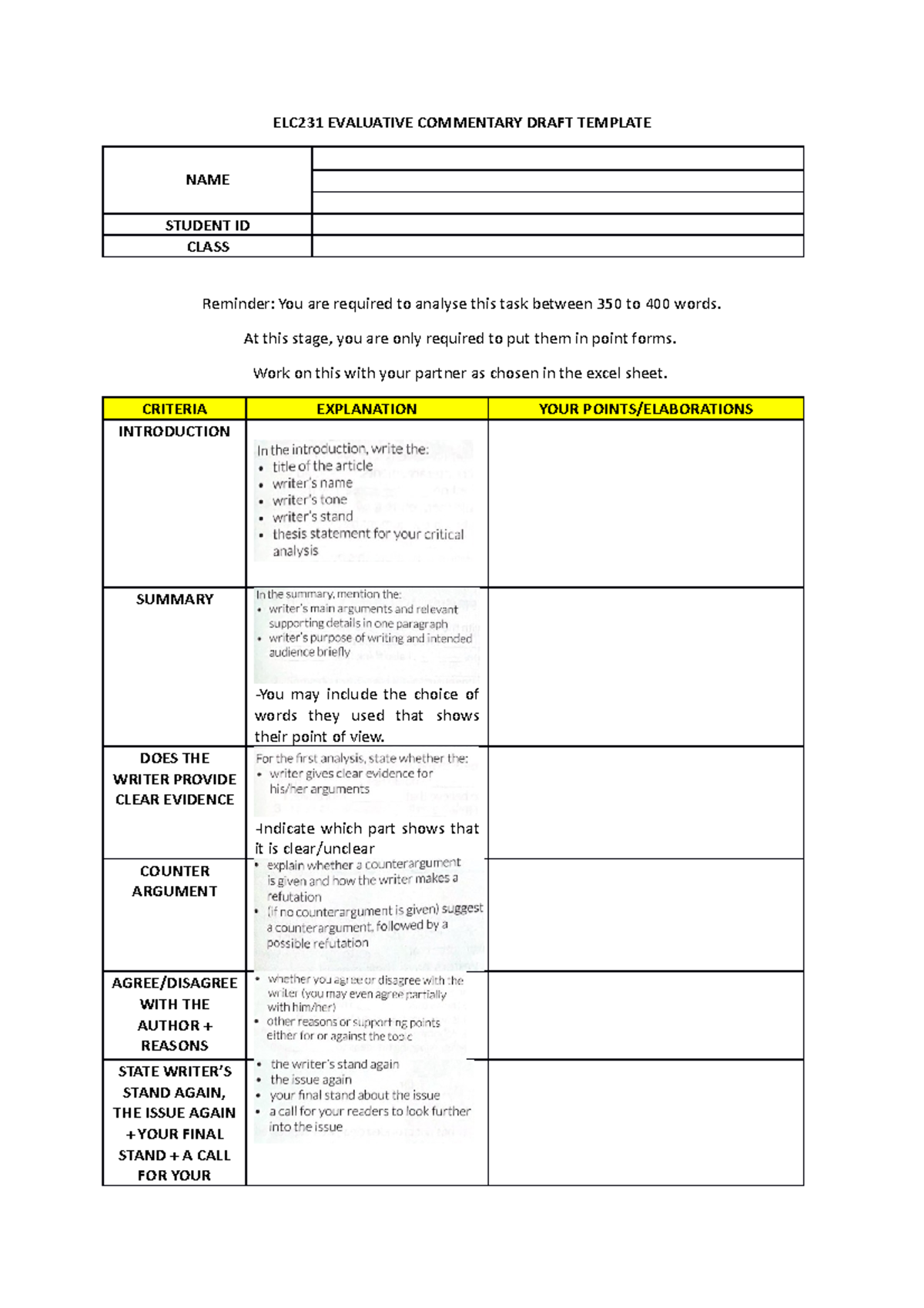 Evaluative Commentary First Draft Template - ELC231 EVALUATIVE ...