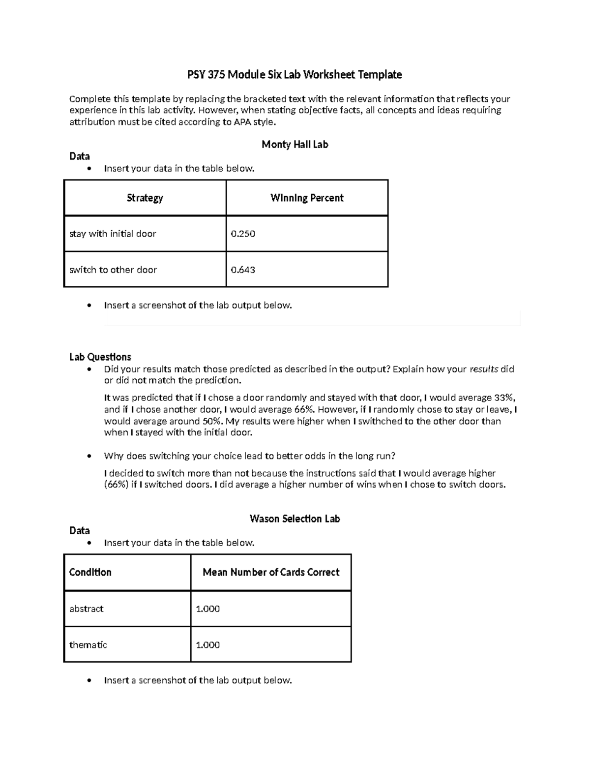 PSY 375 Module 6 Lab Worksheet: Monty Hall, Wason, & Risky Decisions ...