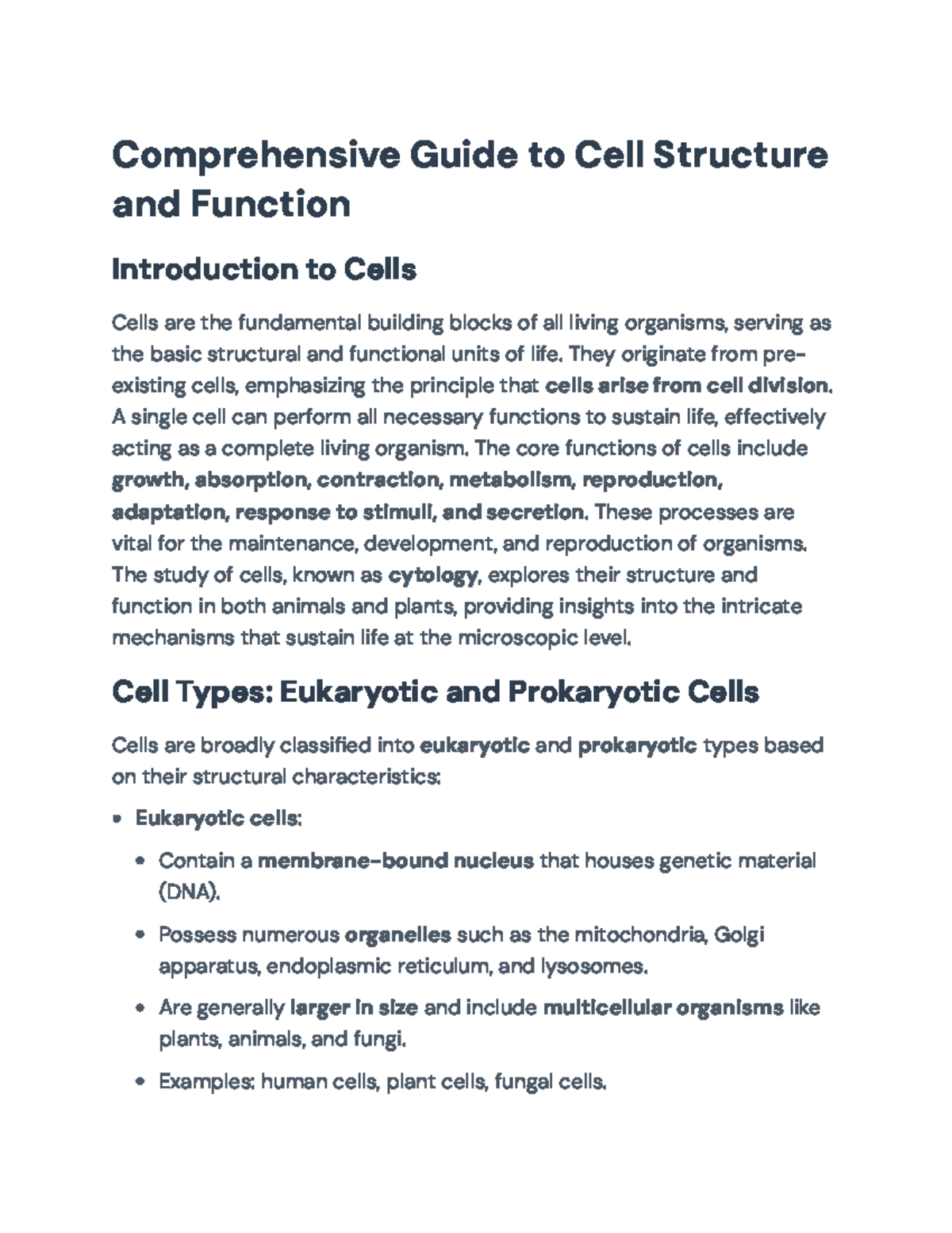 Comprehensive Guide to Cell Structure and Function (BIO101) - Studocu