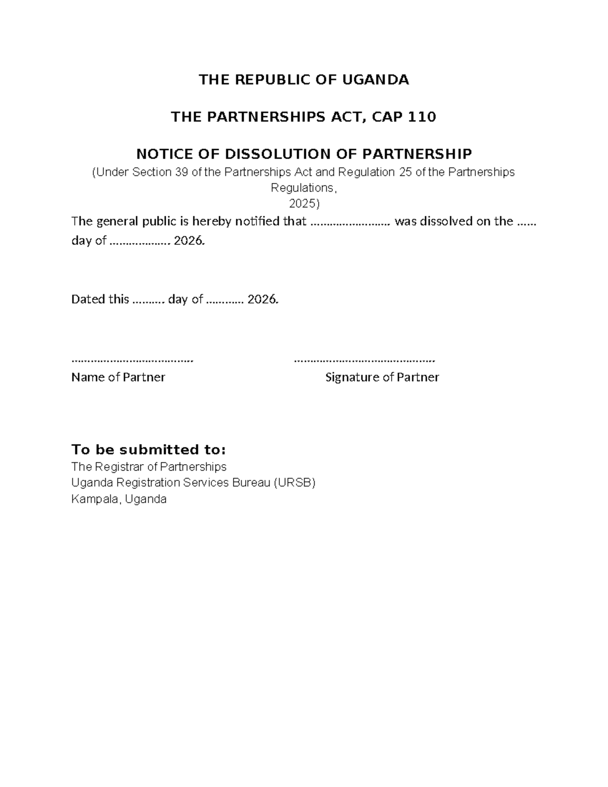 Partnership Dissolution Notice & Agreement - Uganda Partnerships Act ...
