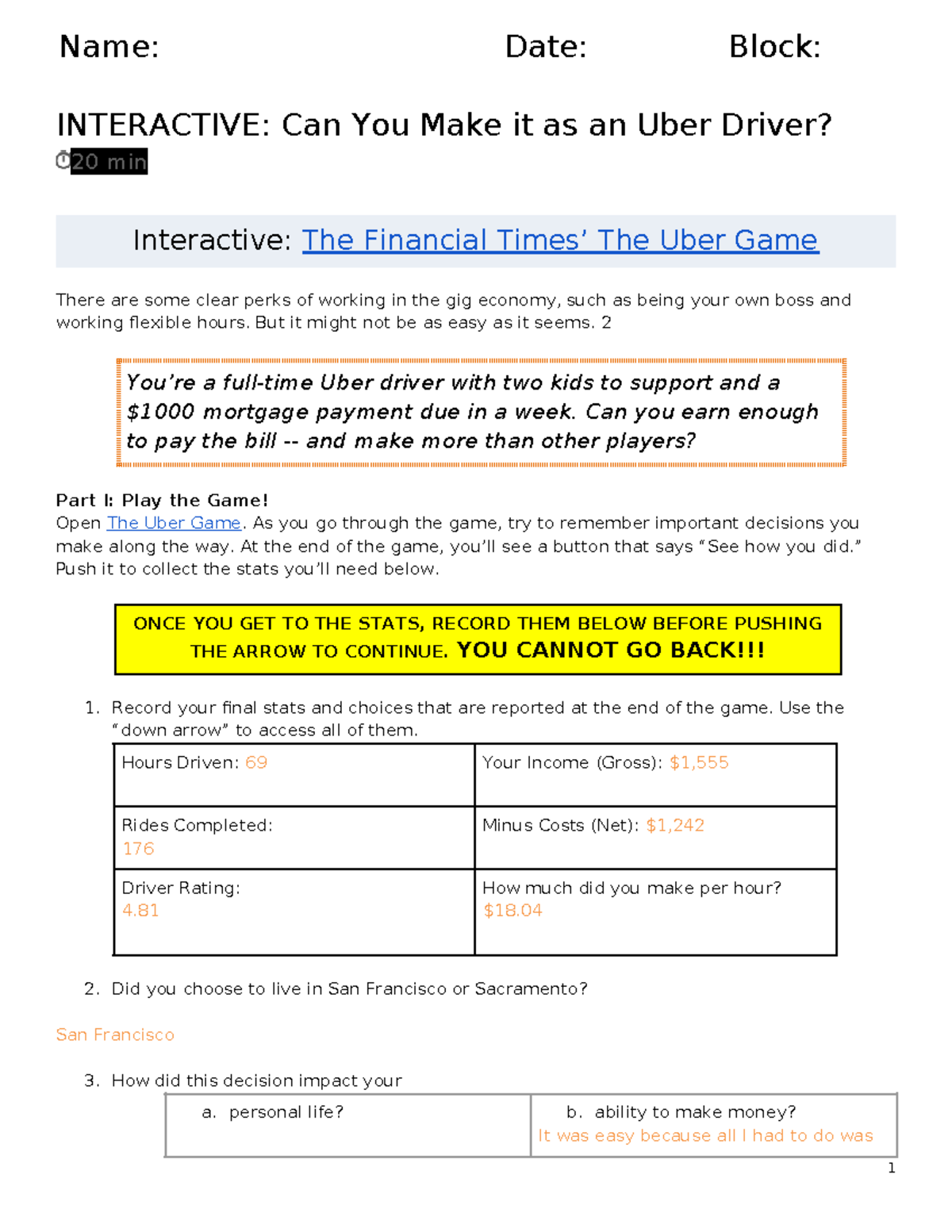 Uber Driver Interactive Worksheet: Insights from The Uber Game - Studocu