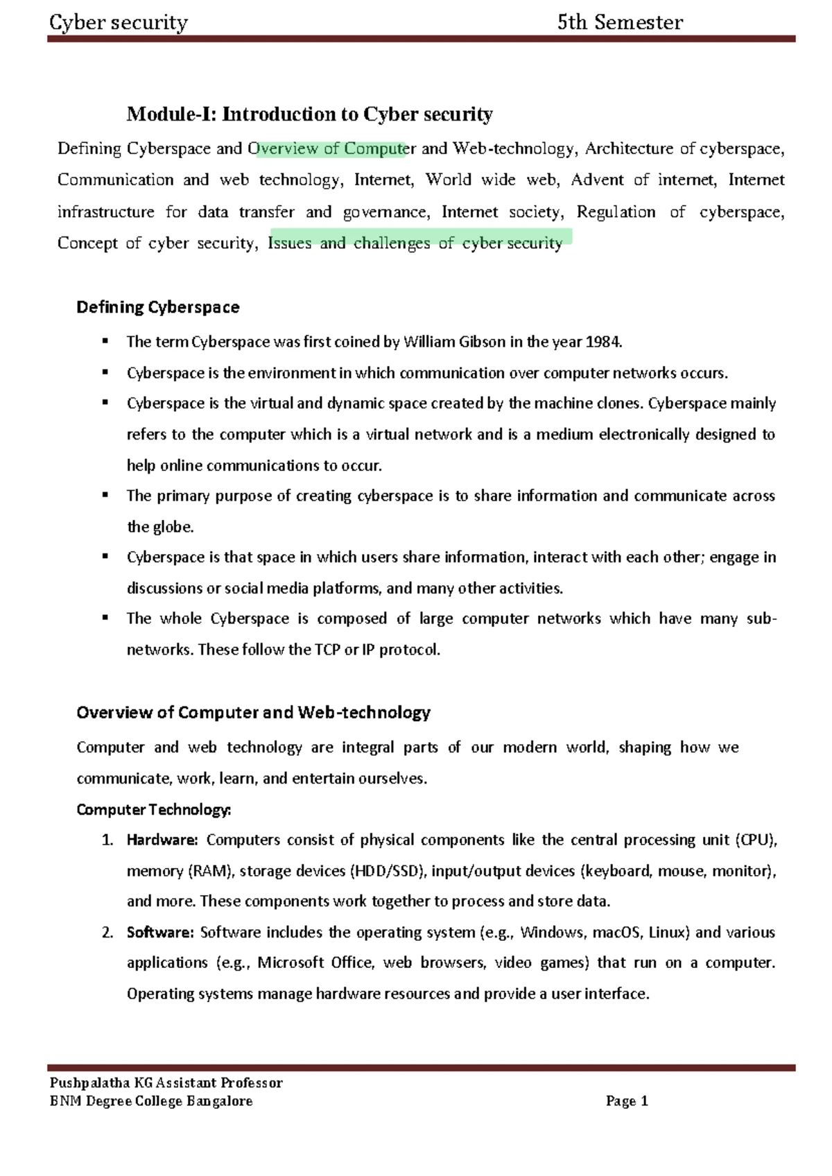 Module 1 Cyber Security Notes - Key Concepts & Overview - Studocu