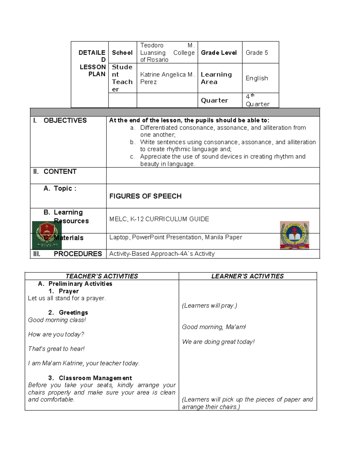 GRADE 5 Q4 W3 Lesson Plan on Figures of Speech - Studocu
