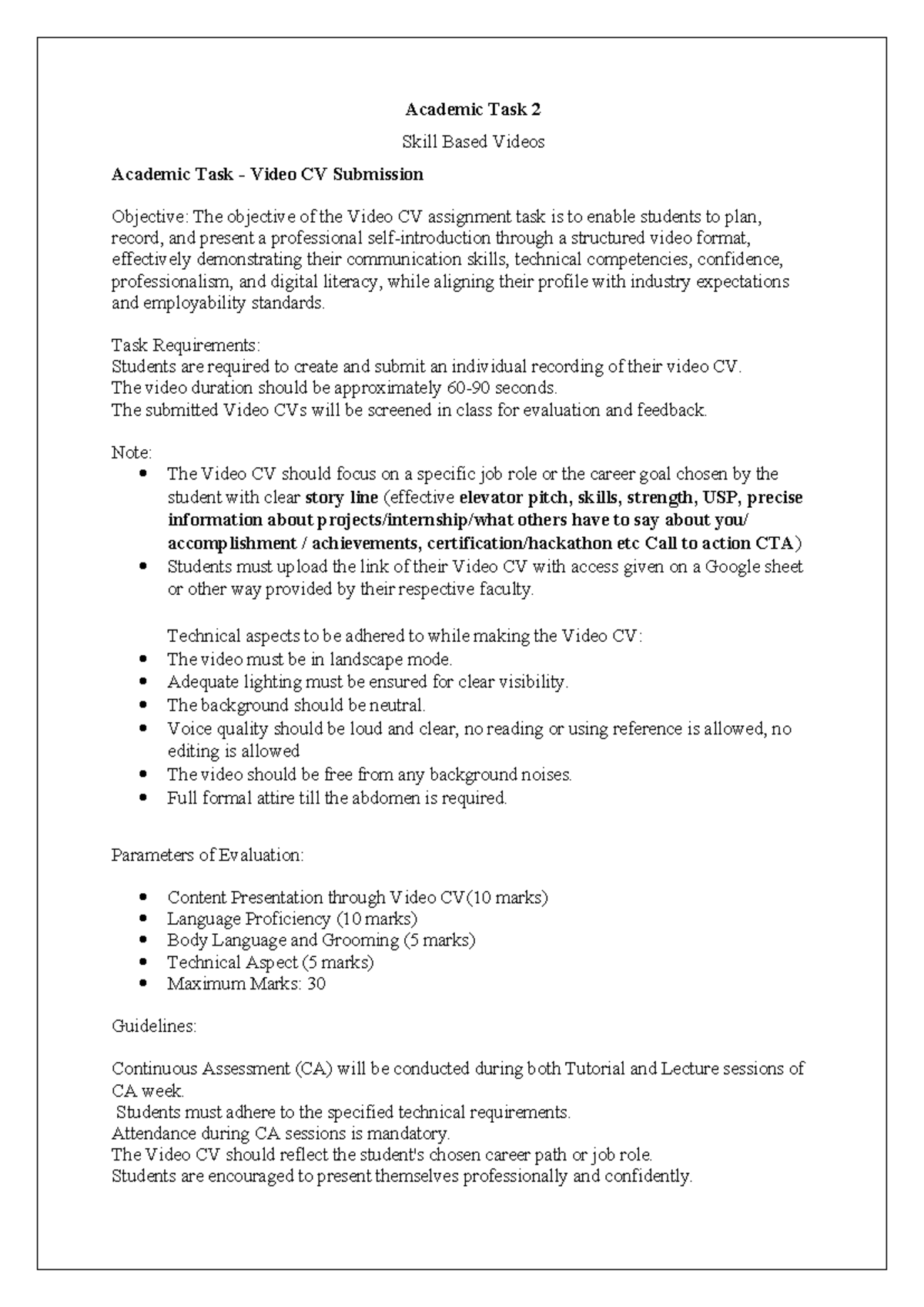Academic Task 2 - Video CV Submission Guidelines and Evaluation - Studocu
