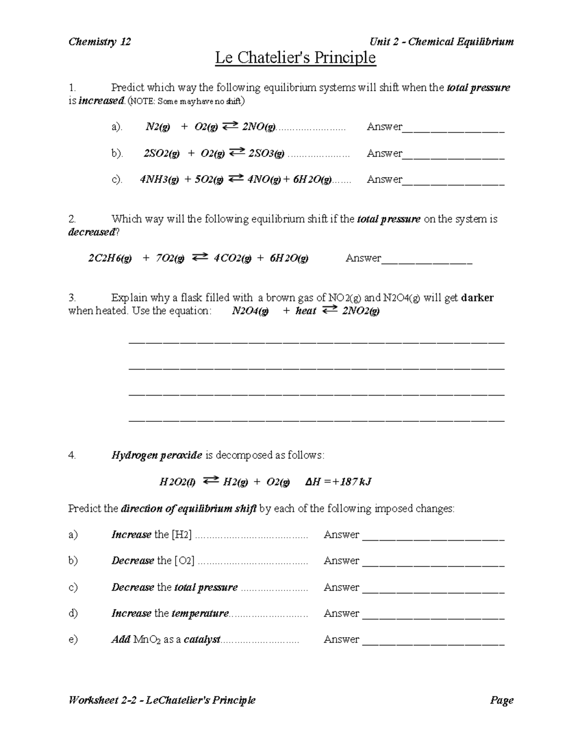 Chemistry 12 Unit 2 Le Chatelier's Principle Worksheet - Studocu