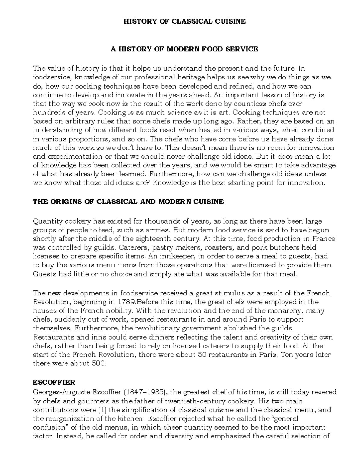 HIST 101: Overview of Classical Cuisine and Its Evolution - Studocu