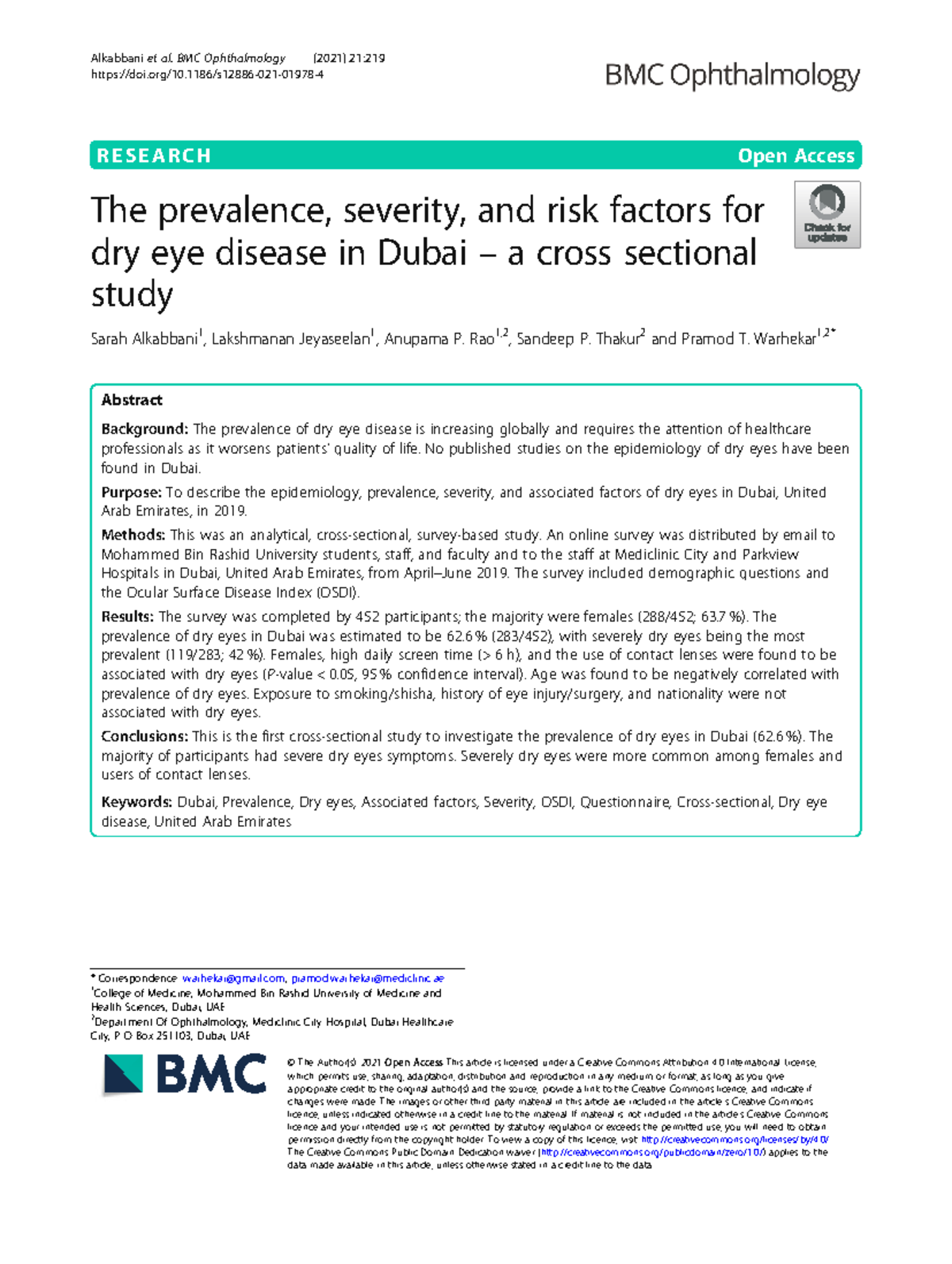 S12886-021-01978-4: Prevalence and Risk Factors of Dry Eye Disease in ...