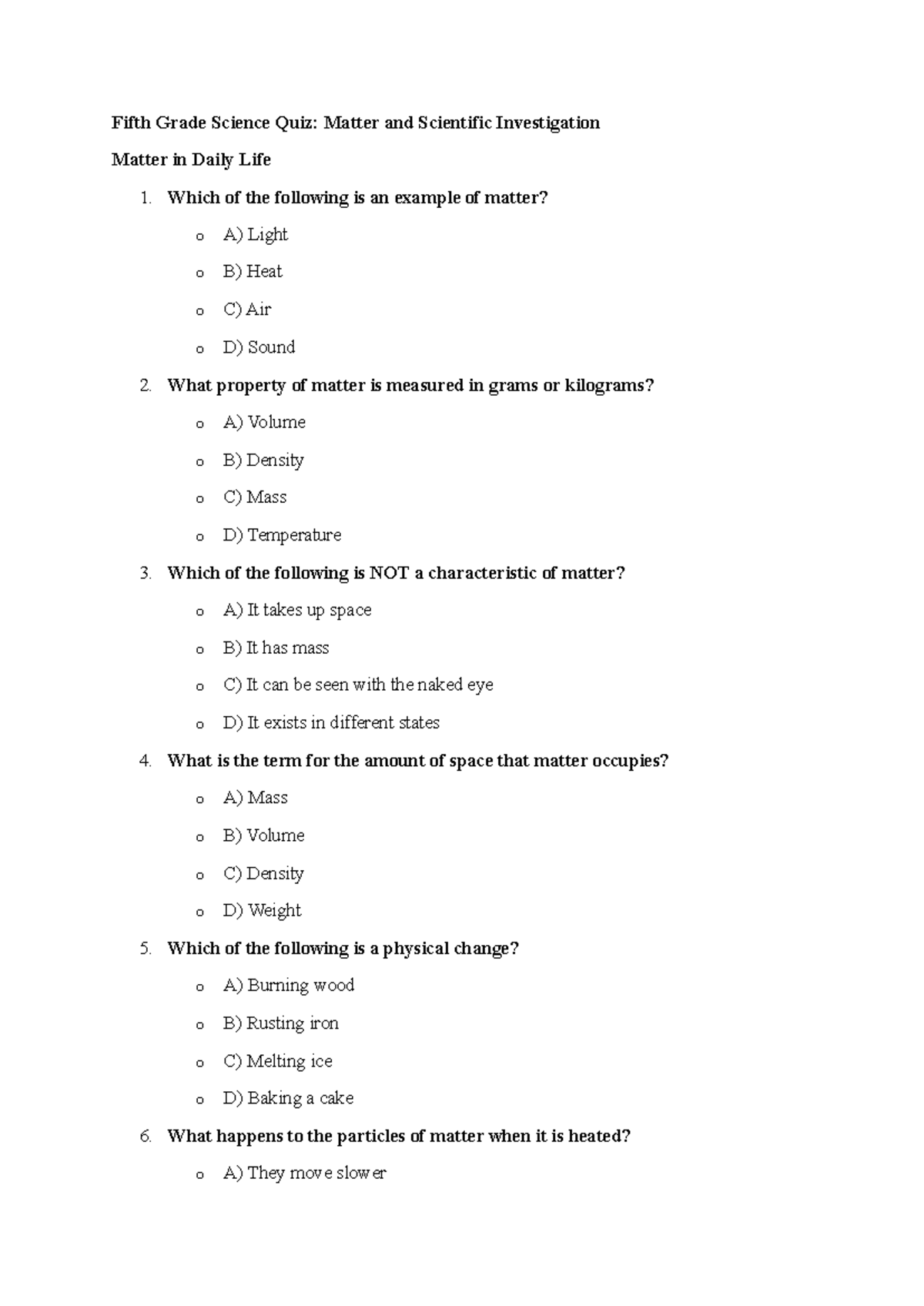 Fifth Grade Science Quiz: Matter, Digestion, and Reproductive Systems ...