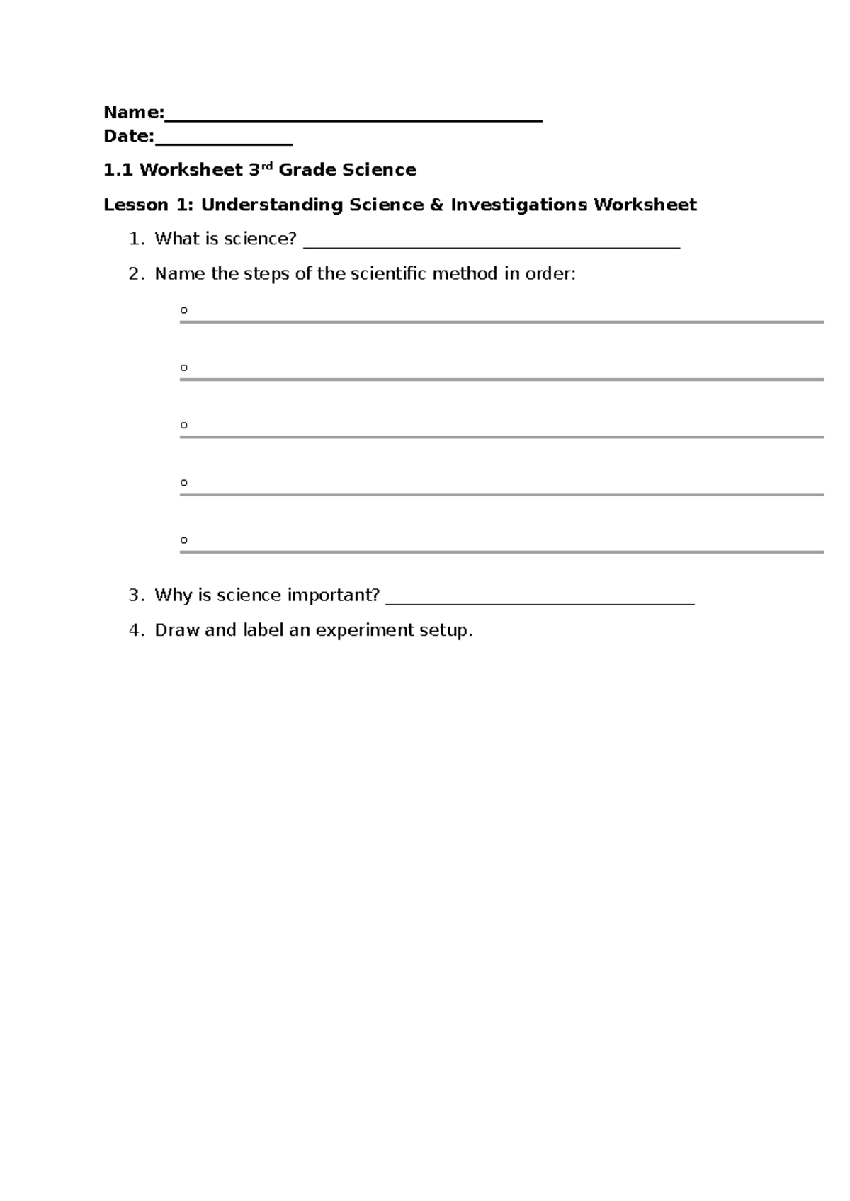 1.1 Worksheet 3rd Grade Science - TH-1011 - Name