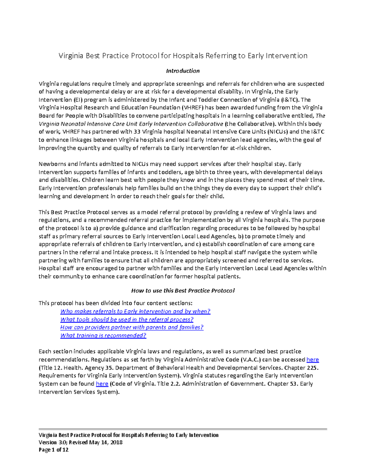 Virginia Best Practice Protocol for Hospitals: EI Referral Guidelines ...