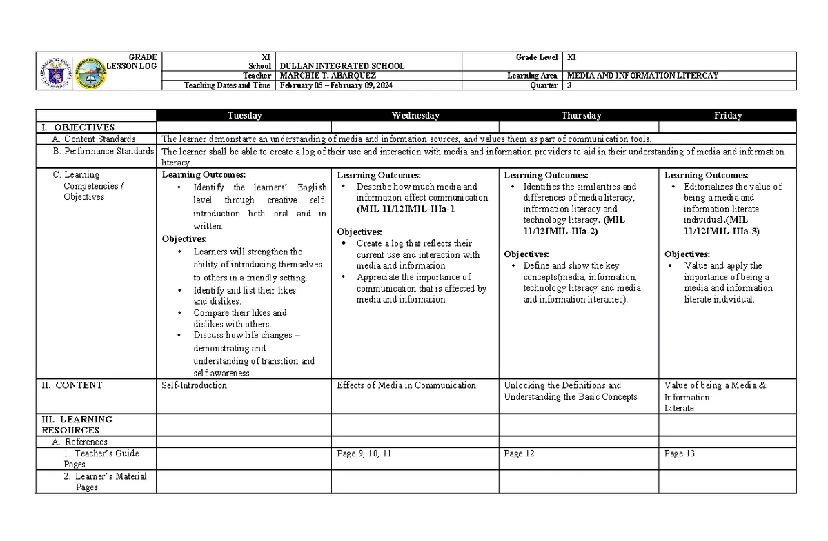 Grade 11 Media & Info Literacy Lesson Plan: Types of Media - Studocu
