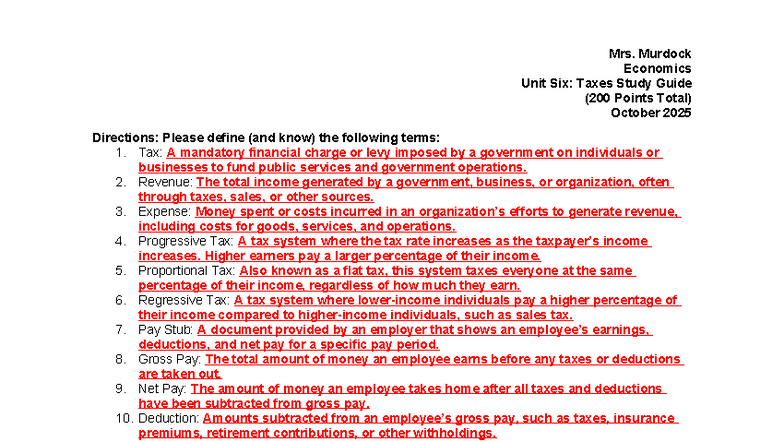 Mrs. Murdock Economics Unit 6: Taxes Study Guide (200 Points) - Studocu