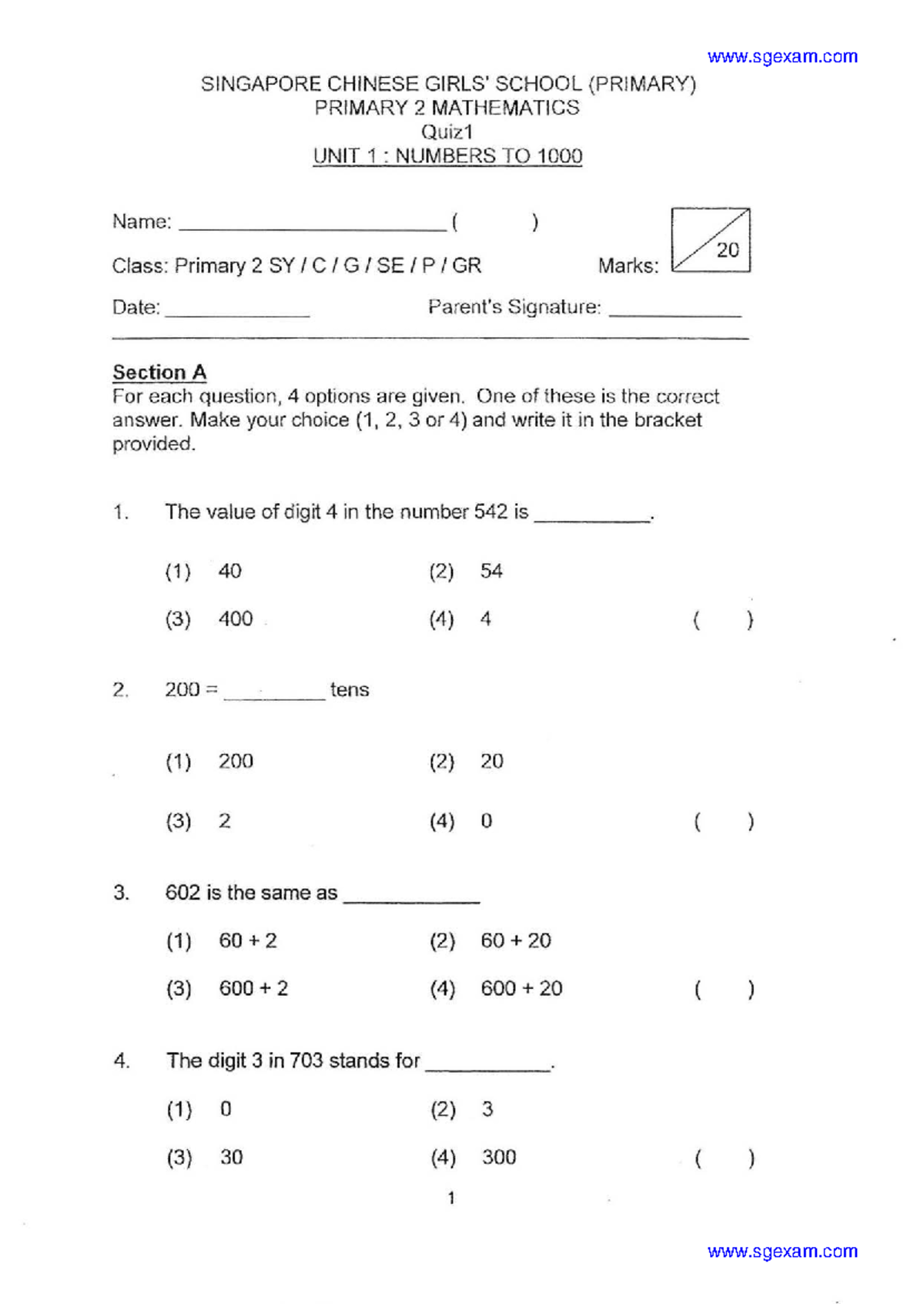 2023-P2-Maths-Quiz 1: Numbers & Operations - SCGS Primary 2 - Studocu