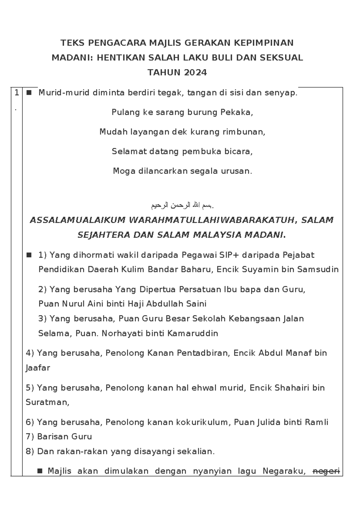 Teks Majlis Pelancaran Duta Sahsiah 2024: Hentikan Salah Laku Buli - Studocu