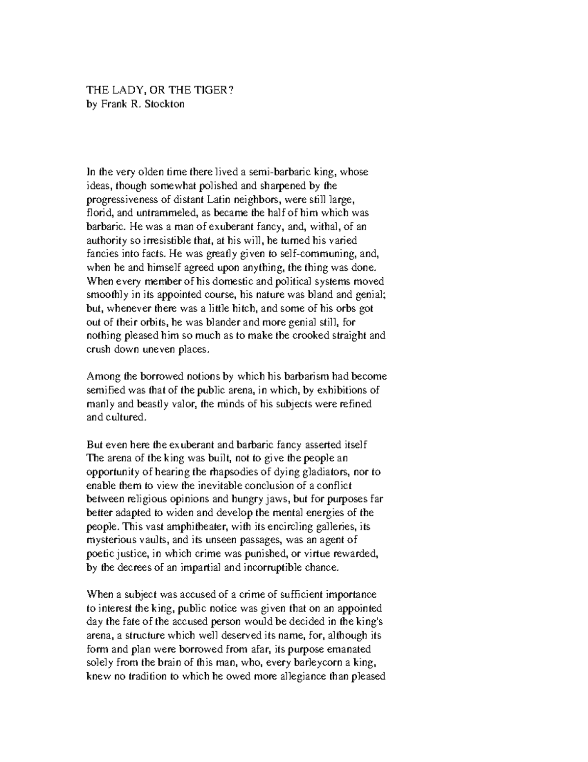 The Lady or the Tiger, Frank R. Stockton - THE LADY, OR THE TIGER? by ...
