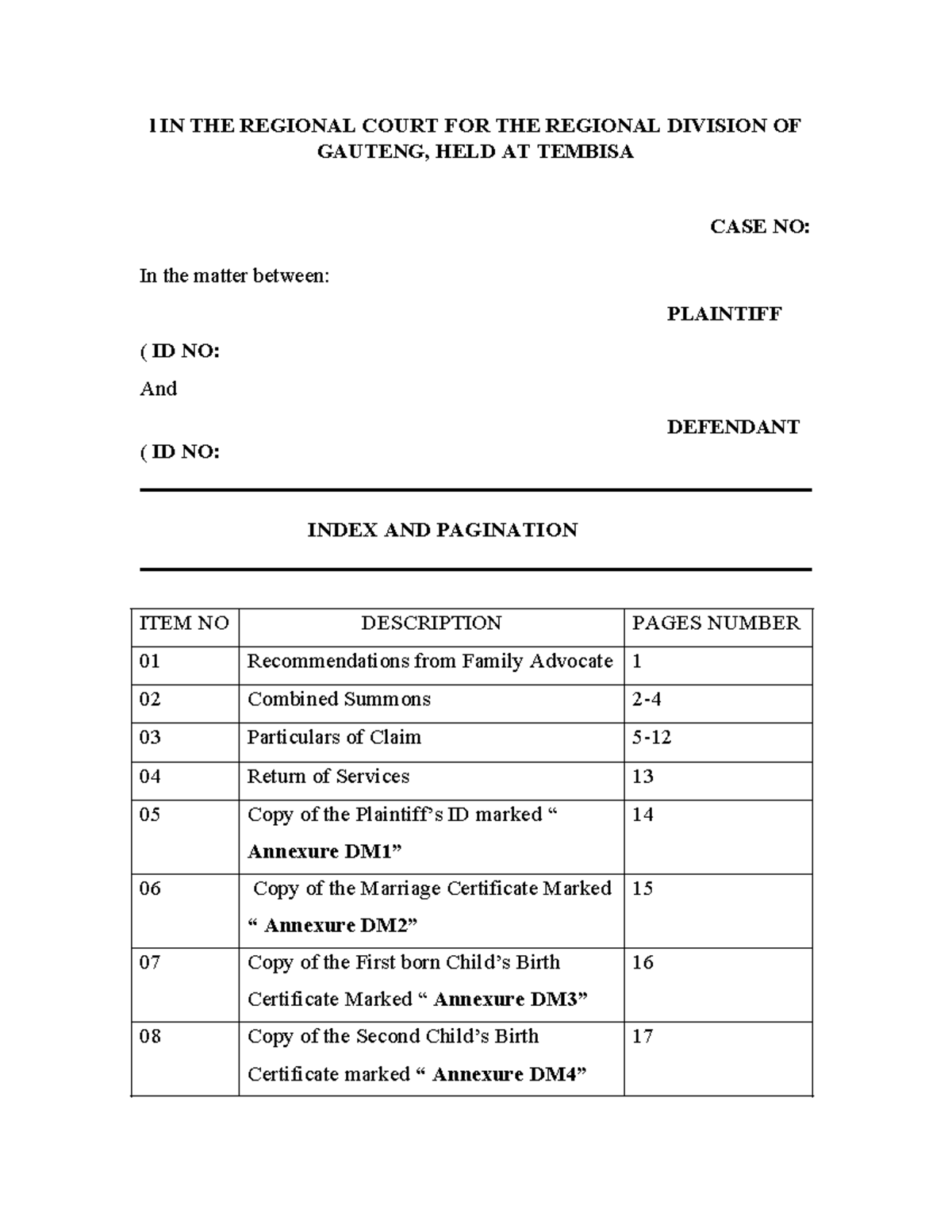 Index and Pagination for Case No: In The Regional Court - Studocu
