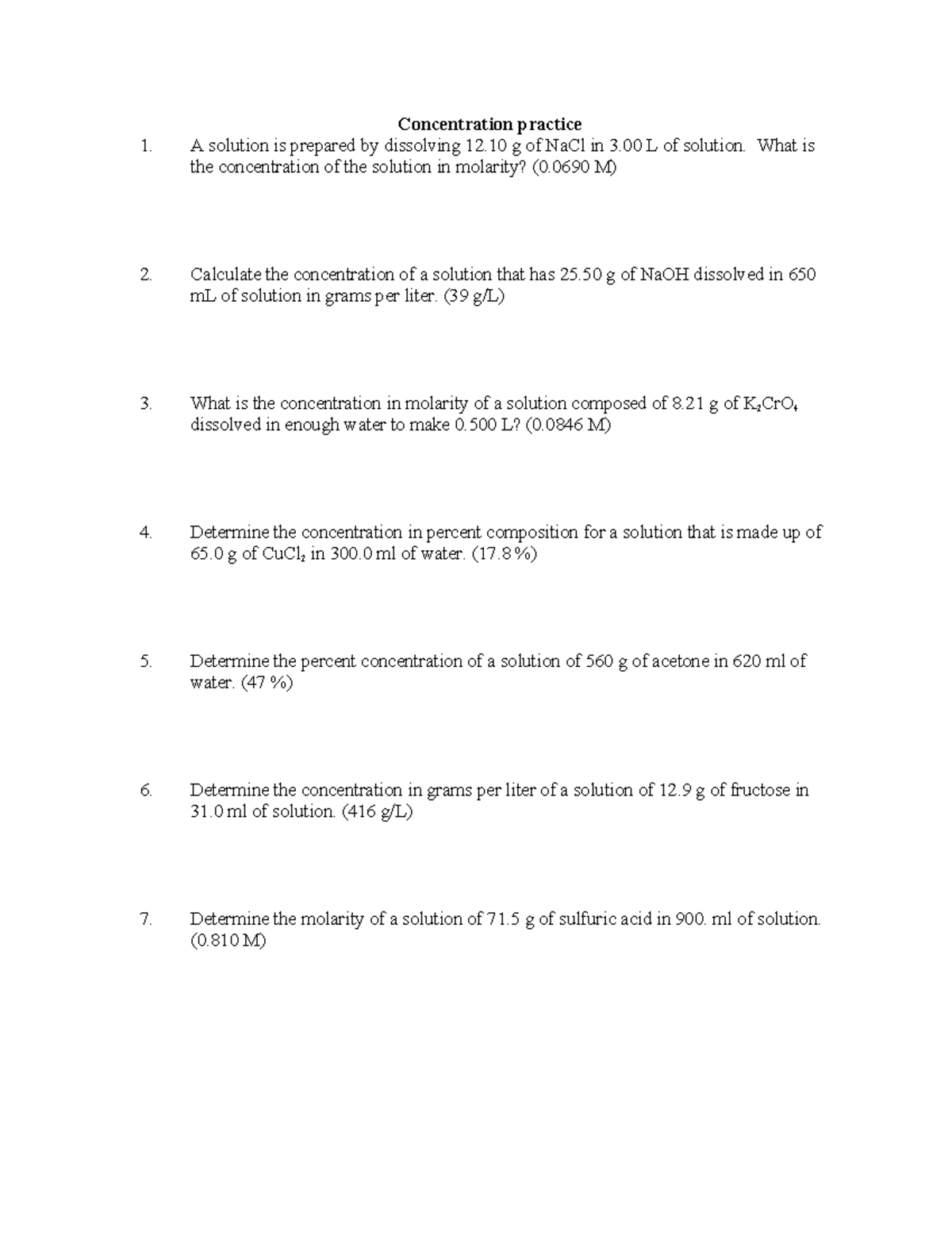 Concentration Calculations: Molarity & Percent Composition Notes - Studocu