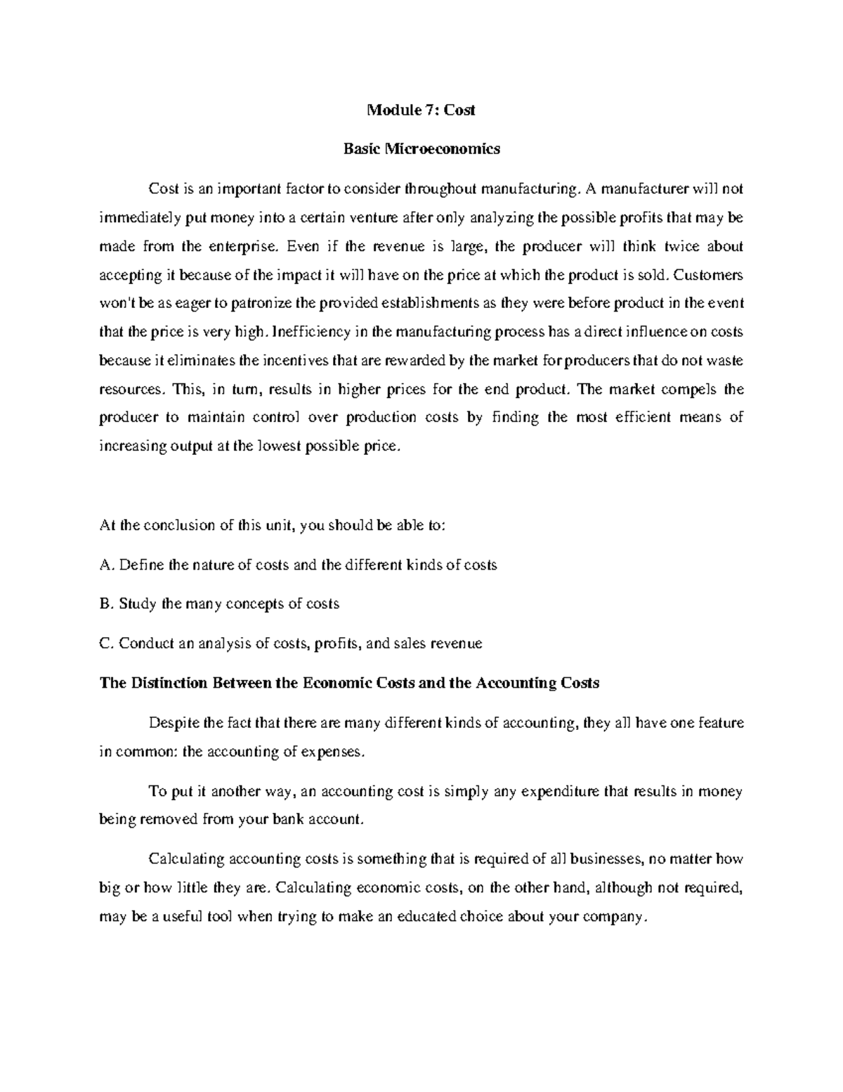 Module 7: Cost Analysis in Managerial Economics Lecture Notes - Studocu