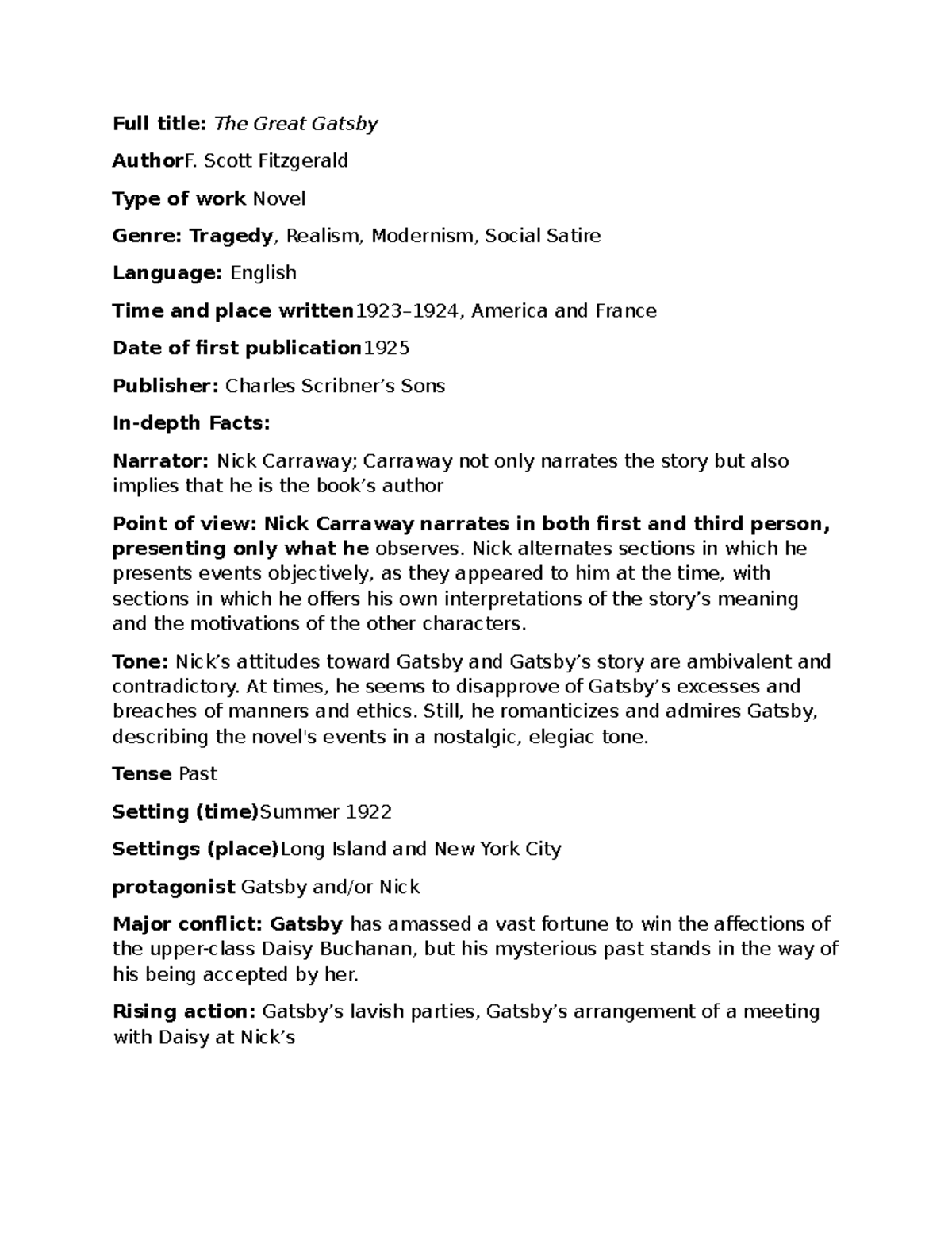 Great Gatsby Facts - Notes on the Novel (ENG 101) - Studocu