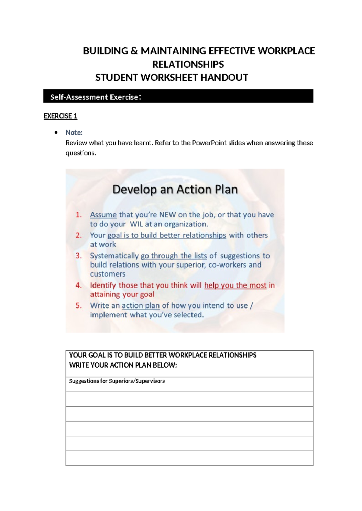 Building & Maintaining Effective Workplace Relationships Worksheet ...