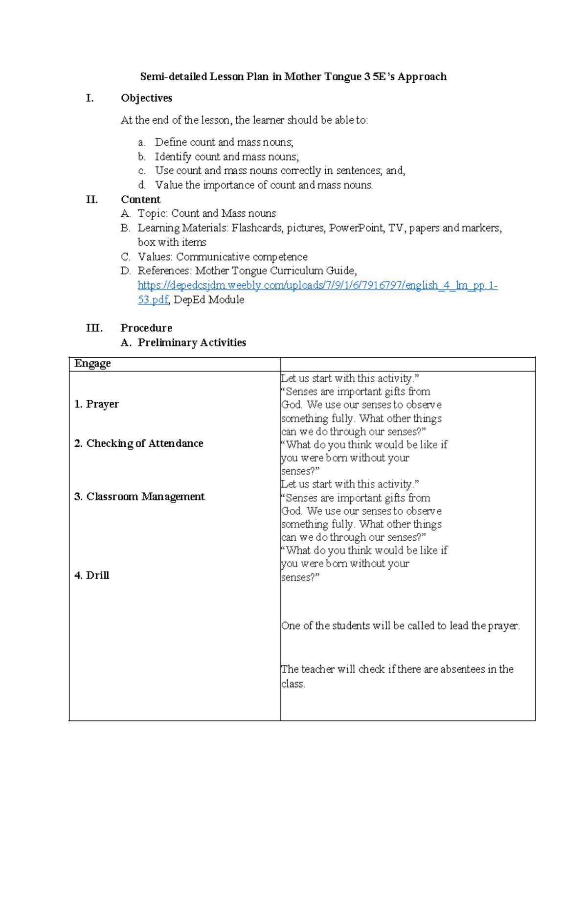 Semi lesson plan Count AND MASS NOUN - Semi-detailed Lesson Plan in ...