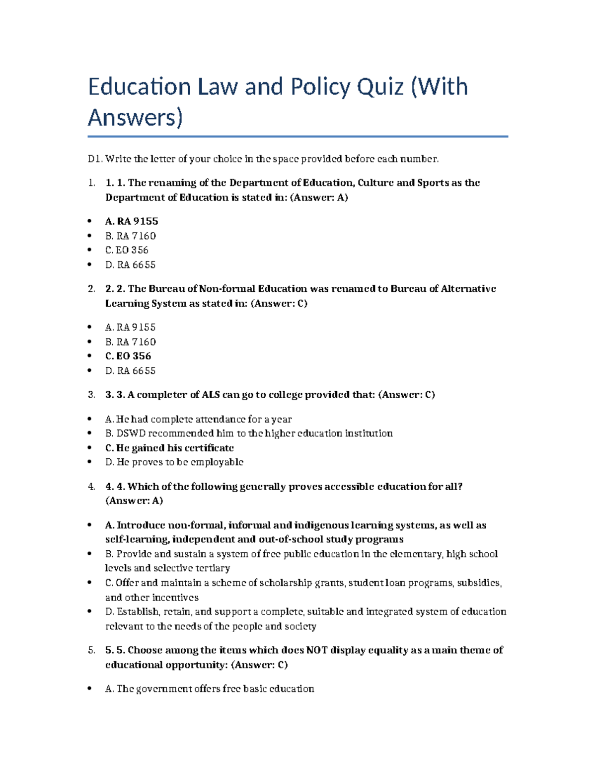 Education Law Quiz D1: Key Concepts and Answers - Studocu