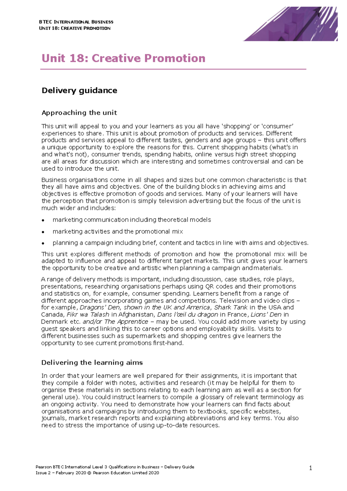 BTEC L3 Int Business Unit 18: Creative Promotion Delivery Guide - Studocu