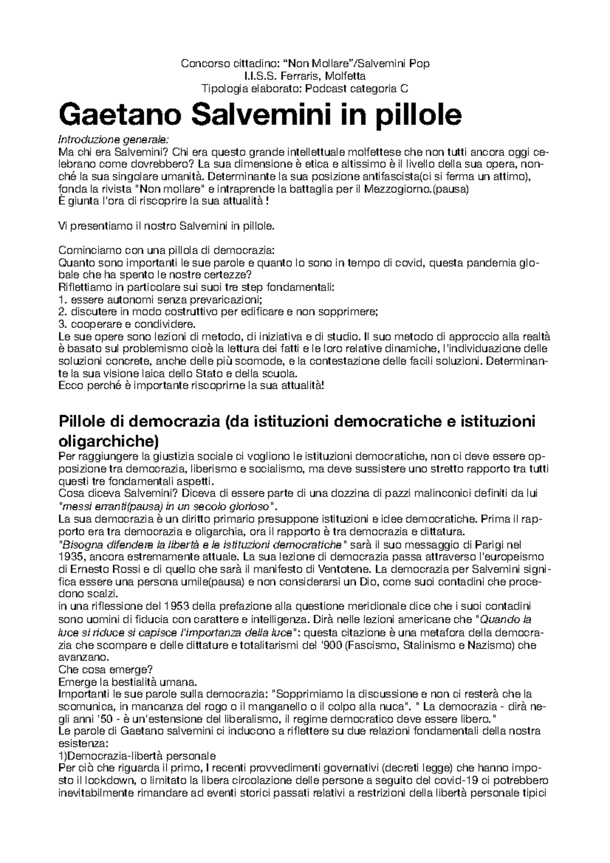 Salvemini in Pillole - Concorso cittadino: “Non Mollare”/Salvemini Pop ...