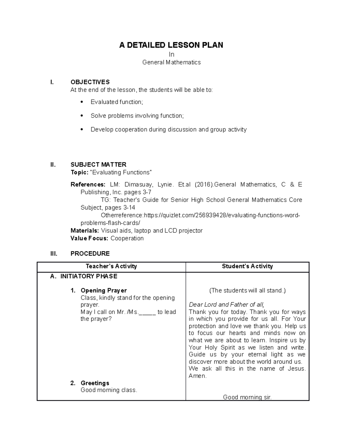 Detailed Lesson Plan Evaluating Function Joel Vincent Lompot A