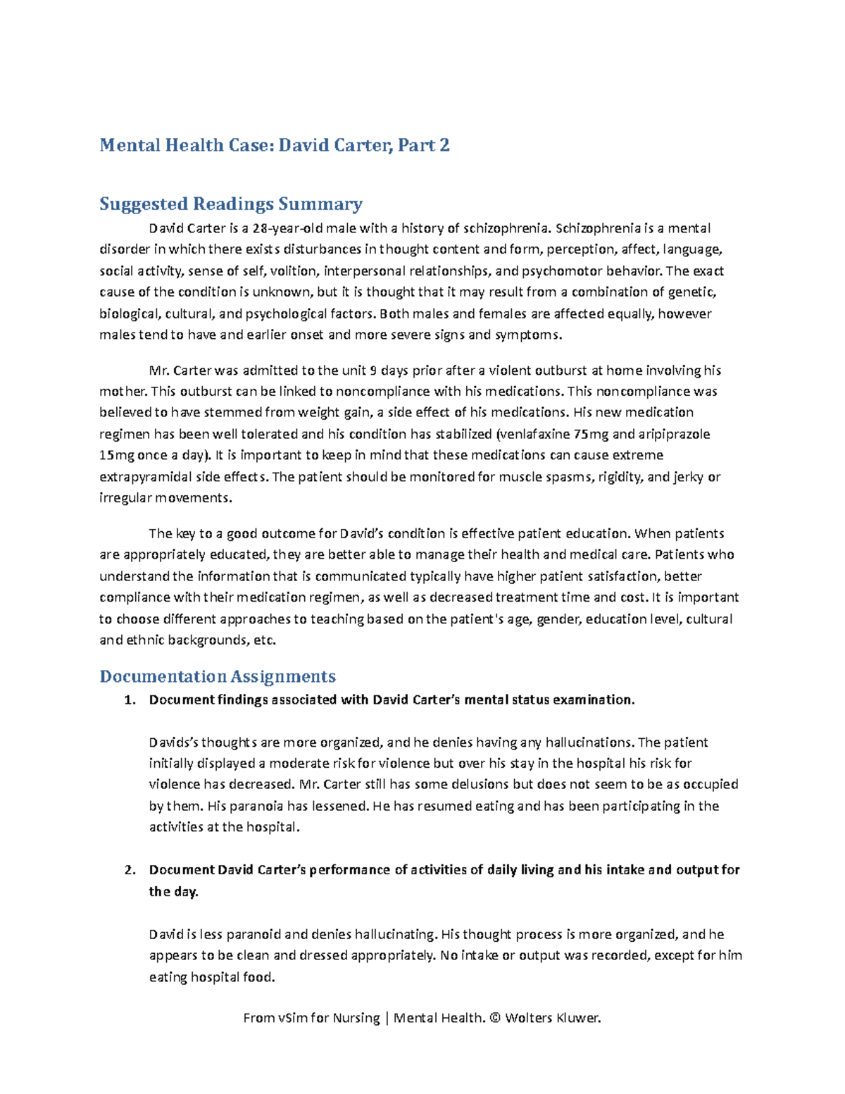 David Carter VSIM Part 2: Mental Health Case Study Analysis - Studocu