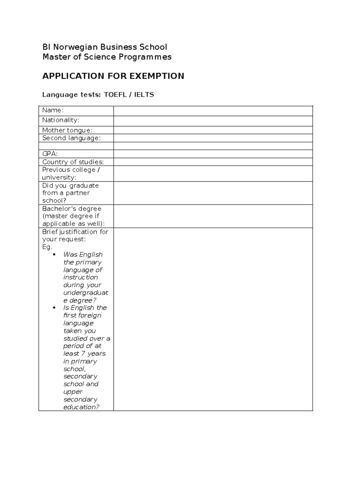 Language test exemption application form - BI Norwegian Business School ...
