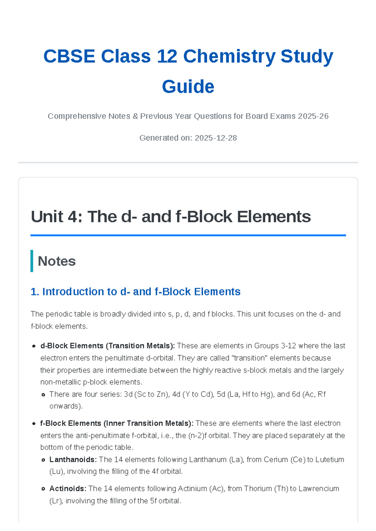 CBSE Class 12 Chemistry Unit 4: D-Block Elements Study Notes - Studocu