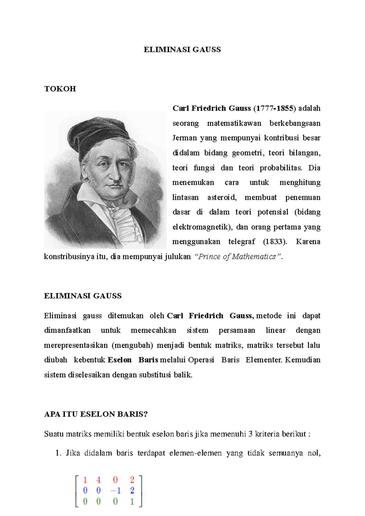 Eliminasi Gauss, Gauss-Jordan, Cramer dan Invers Matriks SPL - Studocu