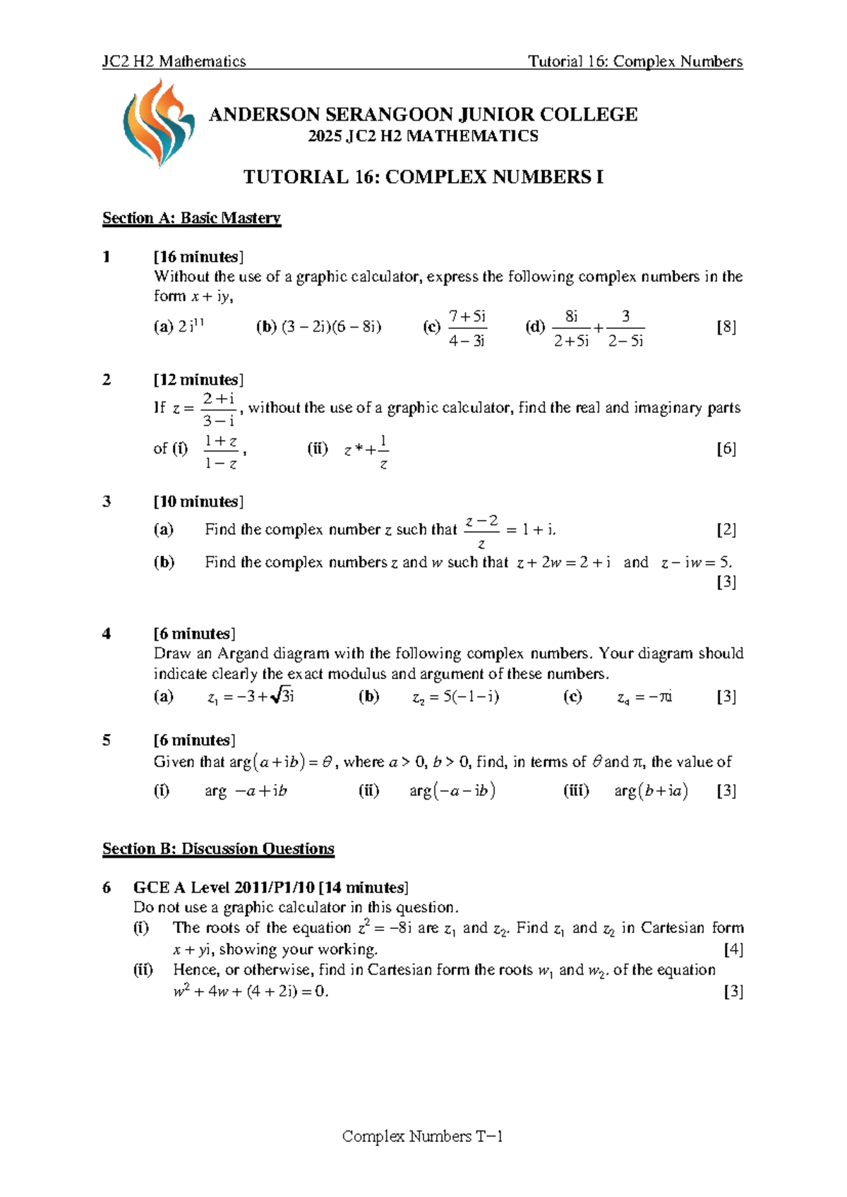 2025 T16 Complex Numbers - ANDERSON SERANGOON JUNIOR COLLEGE 2025 JC 2 ...