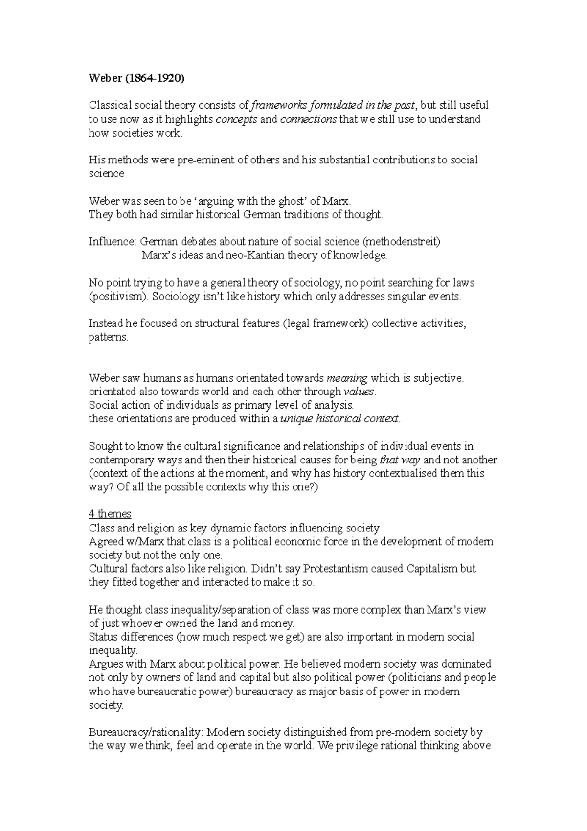Max Weber Notes - Weber (1864-1920) Classical social theory consists of ...