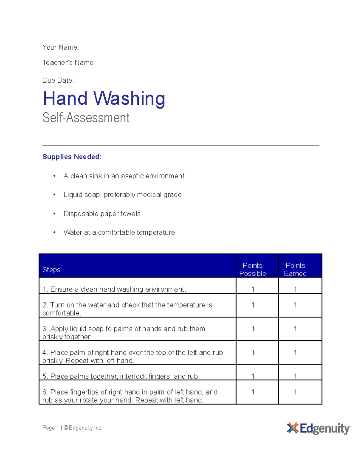 U5L2 Self-Assessment - washing hands - Your Name: Teacher’s Name: Due ...