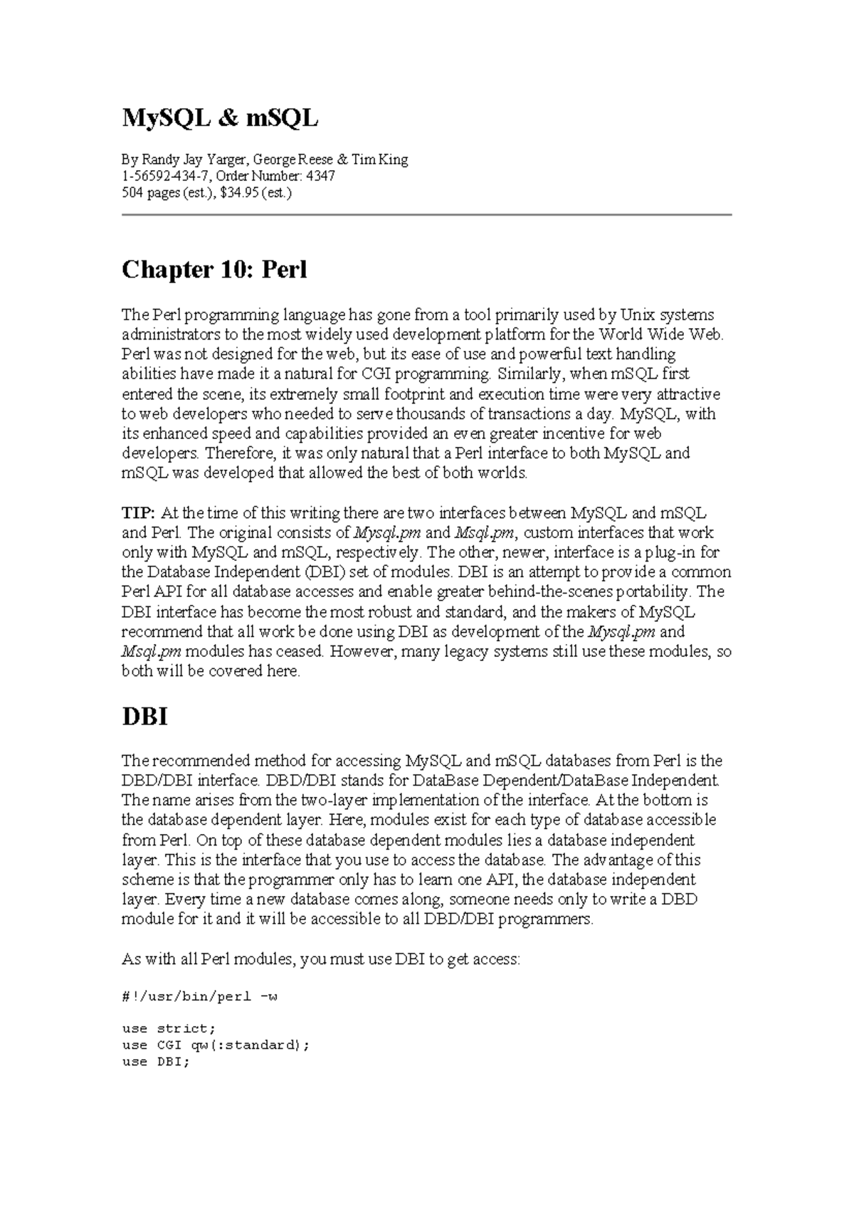 MySQL & mSQL with Perl: Chapter 10 Overview and Examples - Studocu