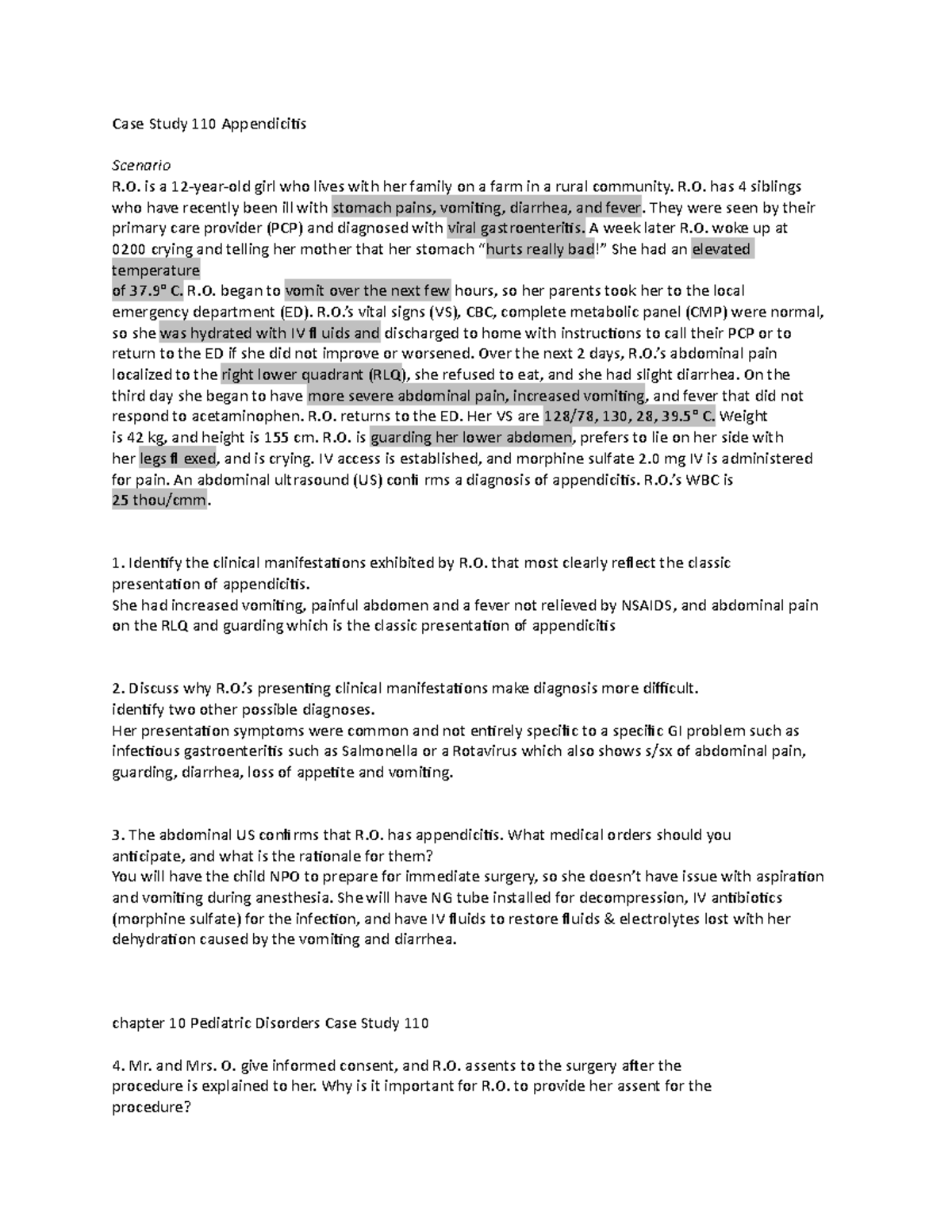 Appendicitis Study cases - Case Study 110 Appendicitis Scenario R. is a 12-year-old girl who ...