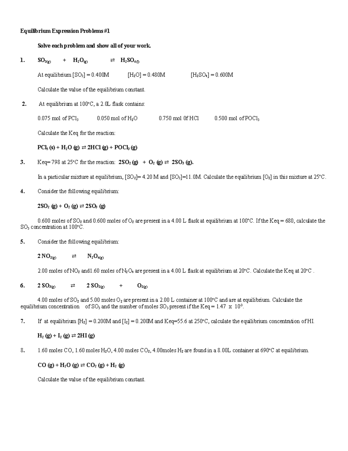Equilibrium Calculations Worksheet for Chemistry 101 - Studocu