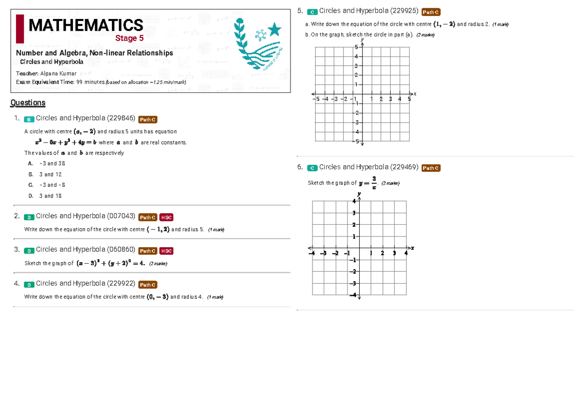 Circles and Hyperbola (229922) HSC Exam Resources and Sketches - Studocu