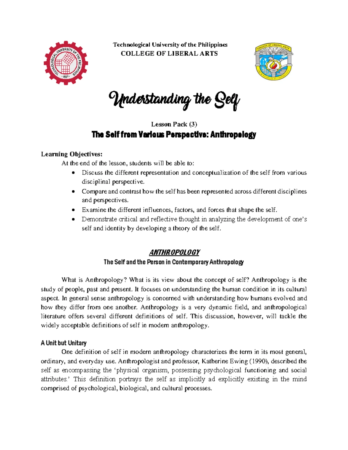 Understanding The Self Lesson 1 - Technological University of the ...