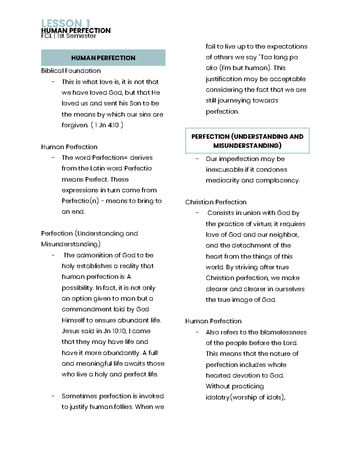 Lesson 1 Human Perfection - LESSON 1 HUMAN PERFECTION FCL | 1st ...