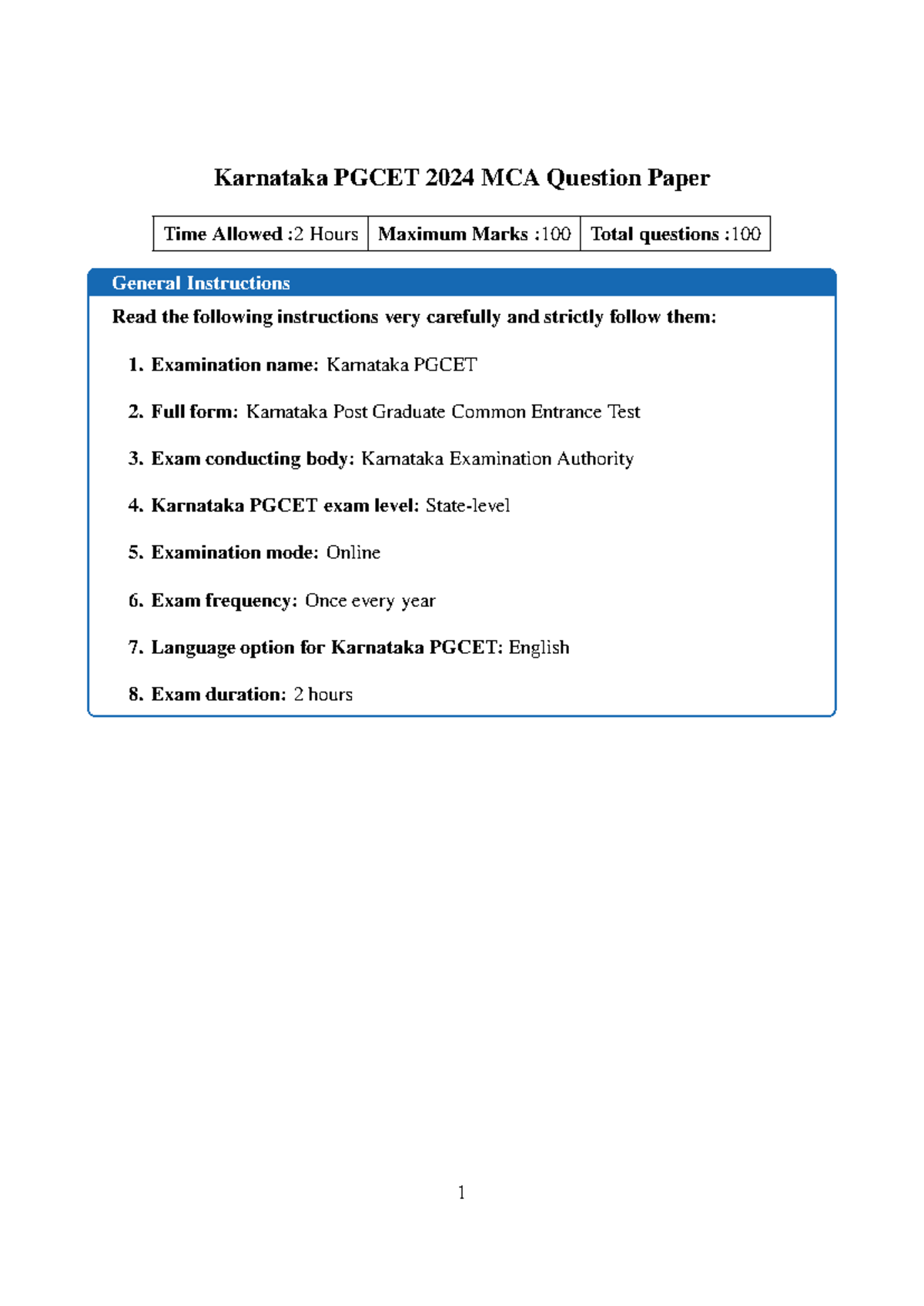 Karnataka PGCET 2024 MCA Question Paper with Solutions - Studocu