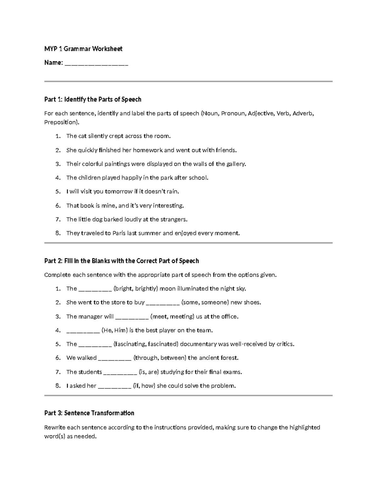 MYP 1 Grammar Worksheet: Parts of Speech Identification and Practice ...